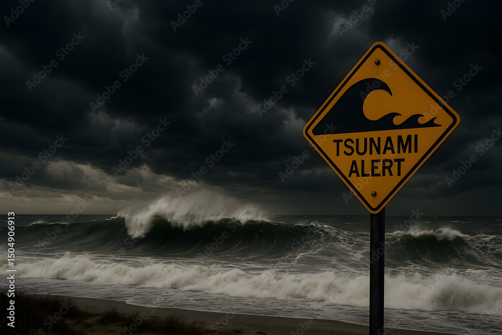Tsunami Alert Sign: Urgent Coastal Warning Stock Illustration | Adobe Stock