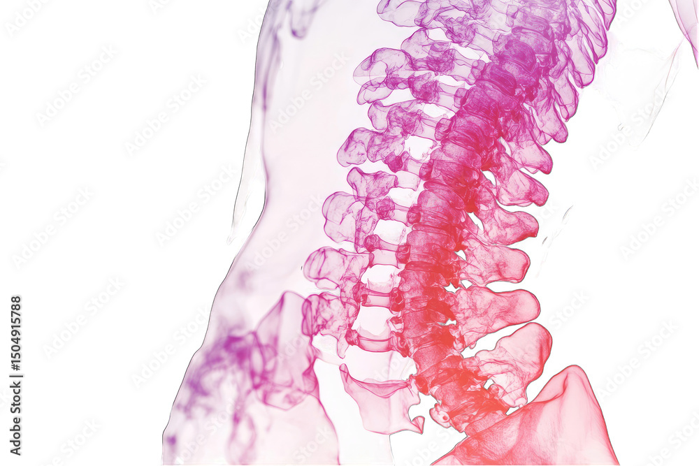 A stylized, colorized X-ray or scan depicting the human spine in ...