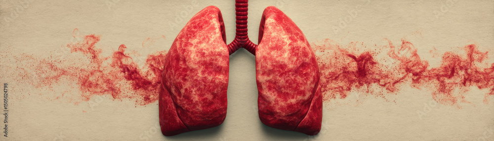 Image depicts pair of human lungs with red trachea, set against beige ...