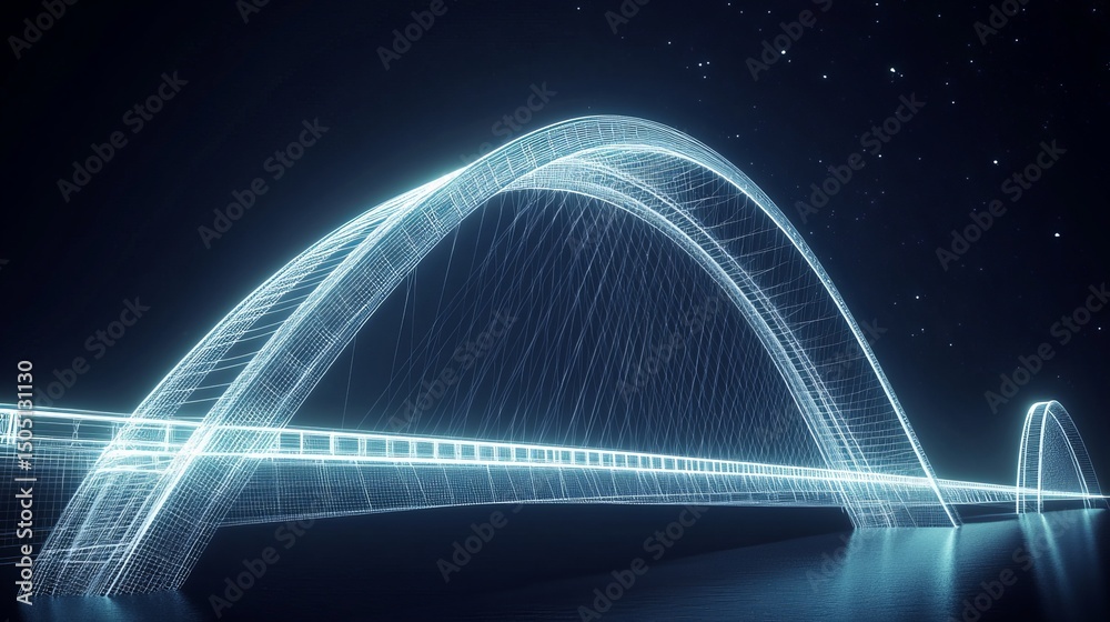 A futuristic wireframe bridge design illuminated against a dark starry ...