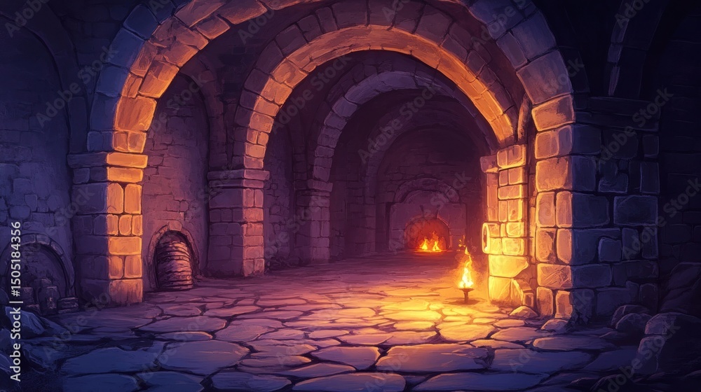 Mysterious medieval stone chamber with an arched ceiling and flickering ...