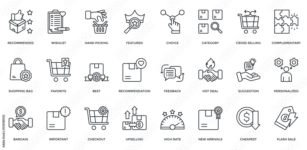Product Recommendation icon set. Containing recommended, wish list ...