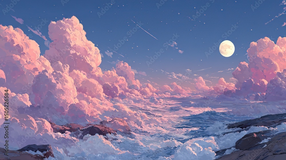 Upward View Fairy Tale Sea-Sky - Blue Water, White Clouds, Pearl Full ...