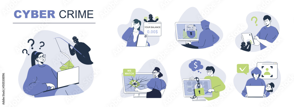 Cyber crime concept set for web design. Collection with people ...