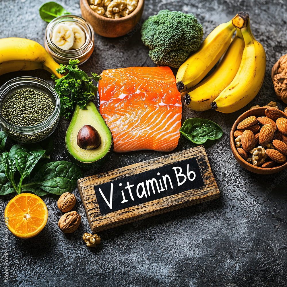 Healthy Foods High in Vitamin B6 with Wooden Board Labeled "Vitamin B6 ...