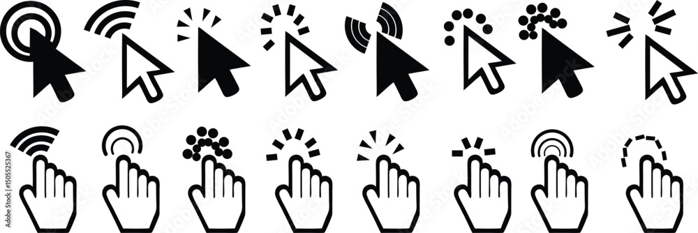 Pointer click icon. Clicking cursor, pointing hand clicks and waiting ...