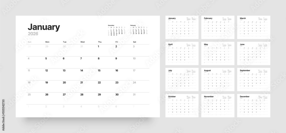 Monthly calendar layout for 2026 year. Diary planner for 2026 year ...