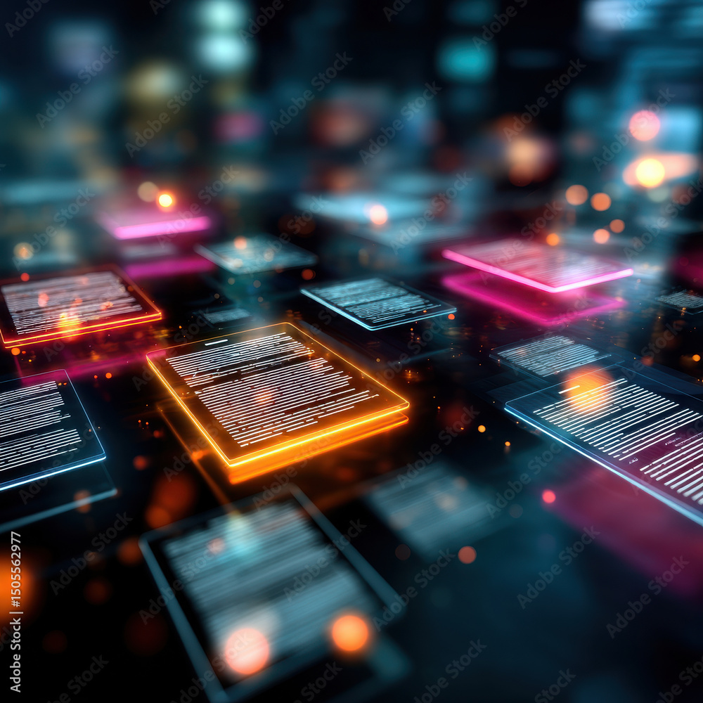 Digital contract icons glowing in neon colors float in futuristic ...
