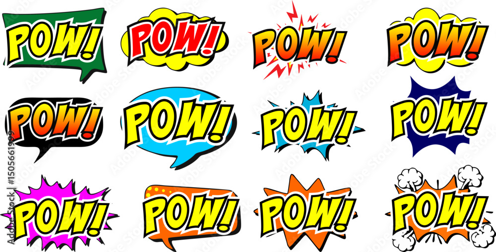 Stock-Vektorgrafik „Cartoon comic sign burst clouds. Speech bubble, Pow ...