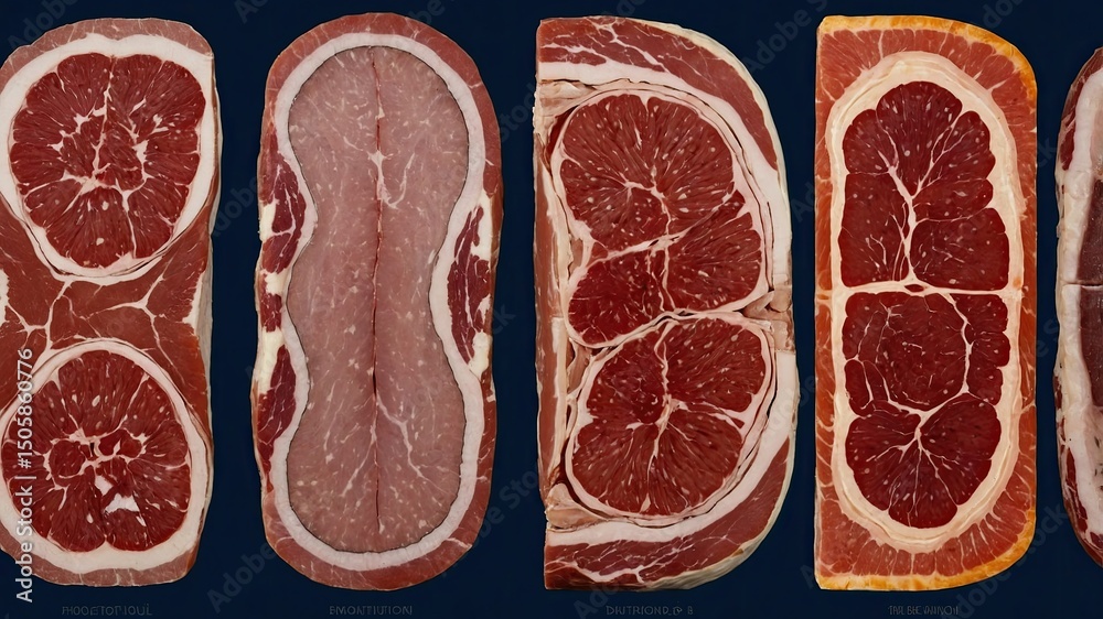Detailed cross-sections of various cuts of meat. Stock Photo | Adobe Stock