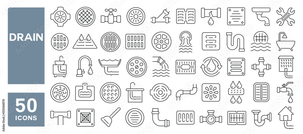 Set of 50 line icons related to drain, drainage, pipeline, sewage ...