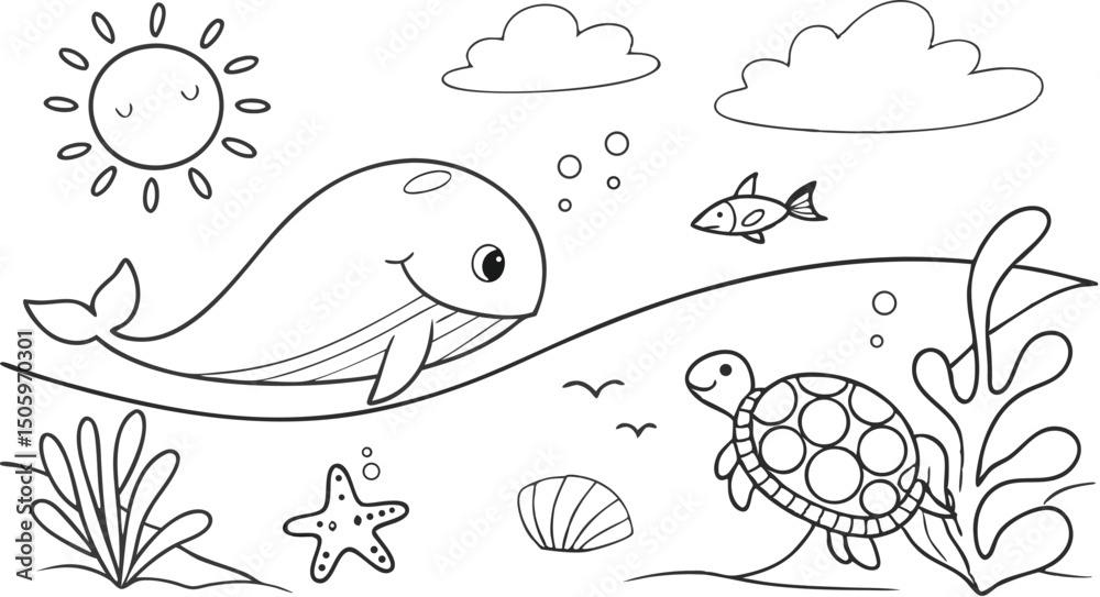 Ocean theme coloring page for kids. you can print it on standard paper ...