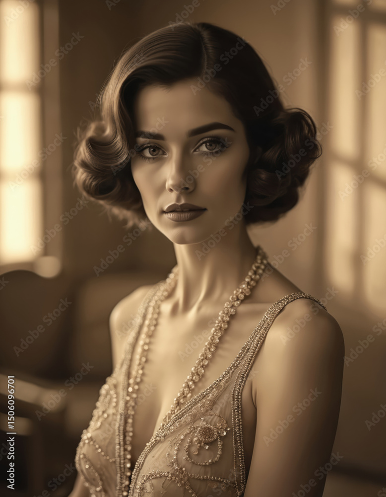 Stock-Foto „Sepia portrait of elegant woman from 1920s. Model wears beaded gown, bob hairstyle ...