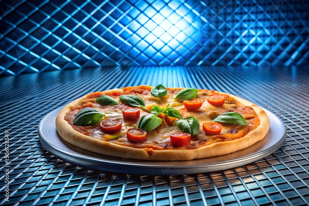 Стоковая иллюстрация «Four cheese pizza on bold metallic blue texture ...