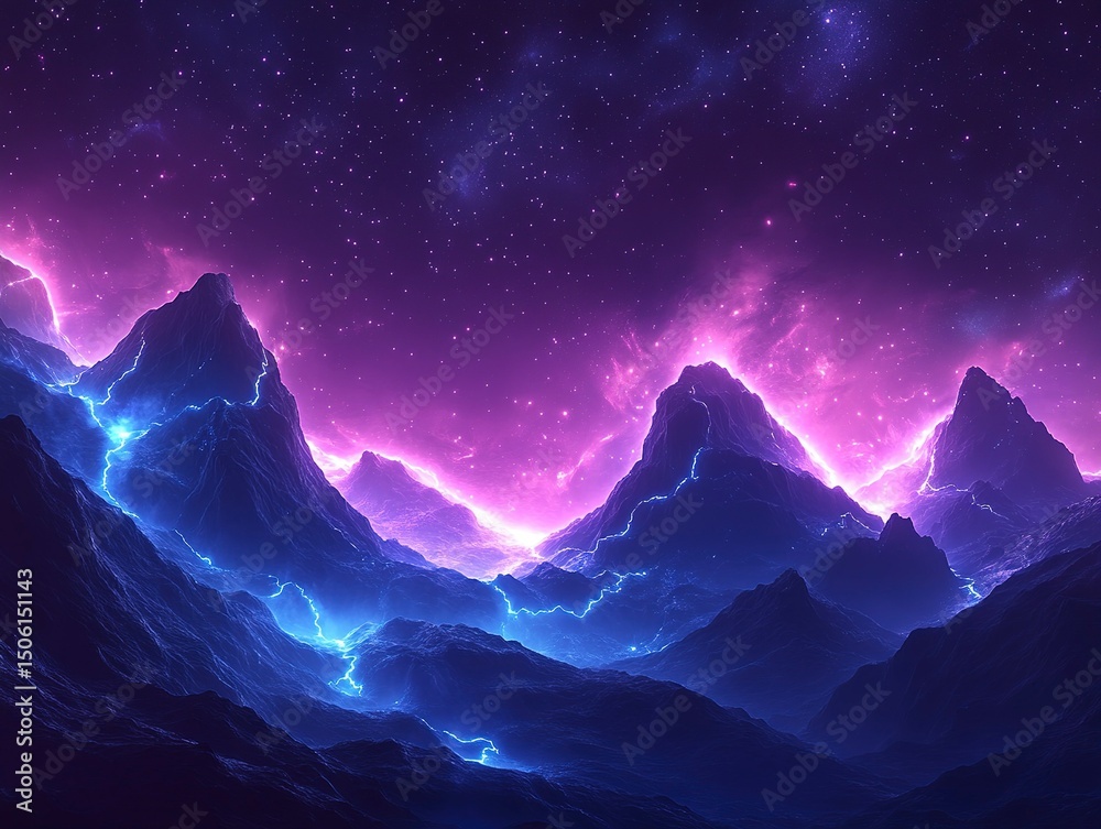 Geometric Lightning Fractures Obsidian Sky - Neon Aurora Waves Collide ...