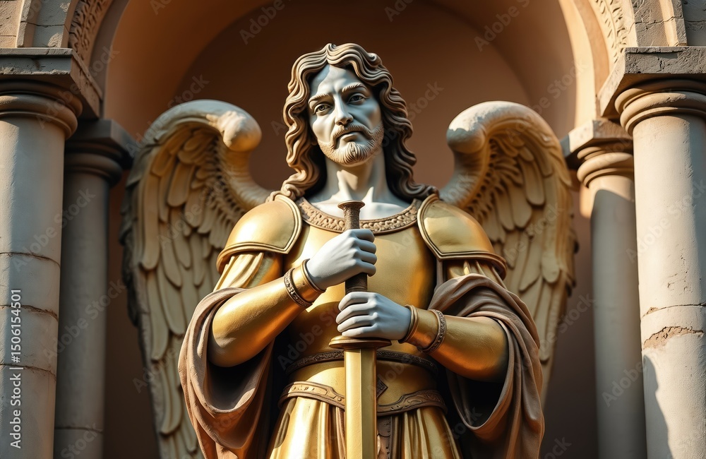 Archangel statue holding sword wearing golden armor. Warrior angel with ...