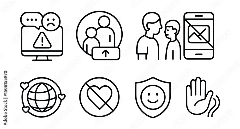 Line style icons of digital safety for kids: cyberbullying alert icon ...