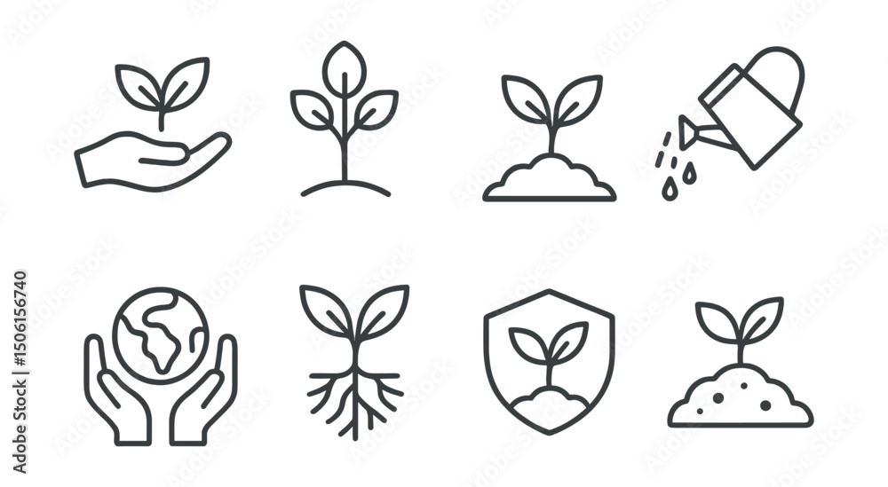 Line style icons of nature and ecology: plant in hand icon, growing ...