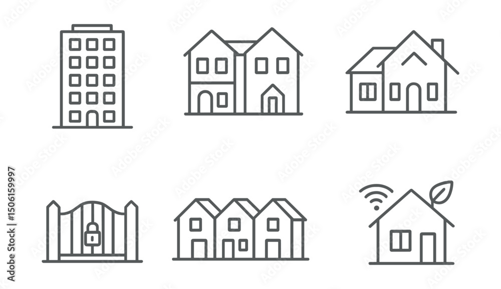 Line style icons of architecture and cities: city apartment block ...
