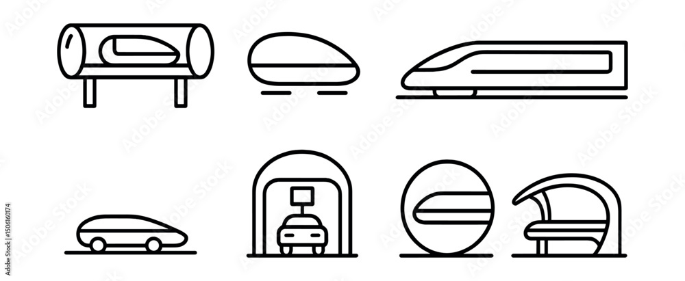 Line style icons of future urban transport: hyperloop tube icon ...