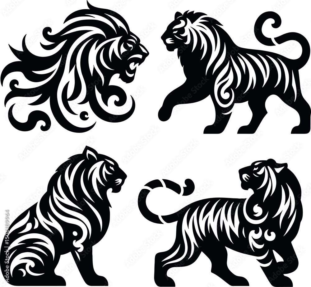 Vektor Tribal Lion and Tiger Designs: A collection of four stylized ...