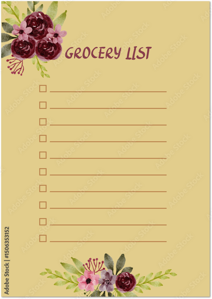 Watercolor Flower Shopping List Template – Printable Grocery Planner ...