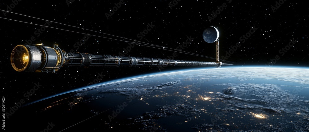 Ilustrace futuristic space elevator stretching from Earth to a massive ...