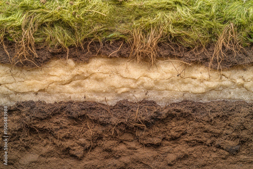 Cross-section view showcasing layers of soil, including topsoil with ...