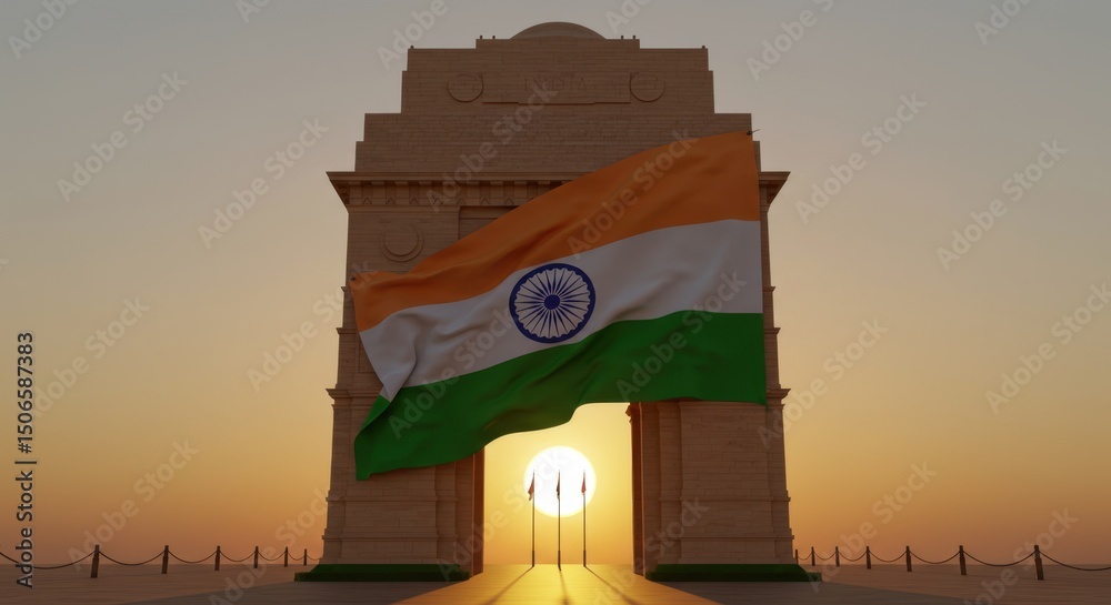 India Gate Sunrise: Majestic Indian Flag at Dawn, New Delhi Stock Photo ...