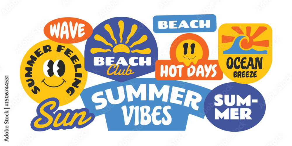 Summer badge, patch, label, stickers collection. Tropical sunset beach ...