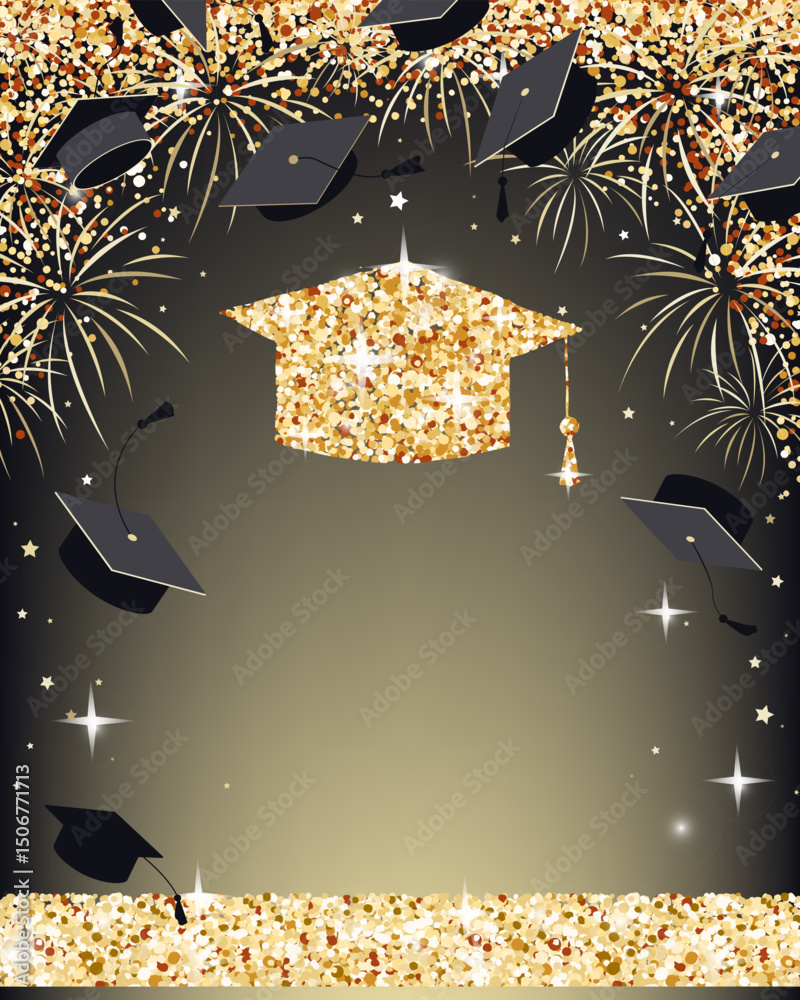 Graduation ceremony banner with graduate caps and gold confetti. Luxury ...