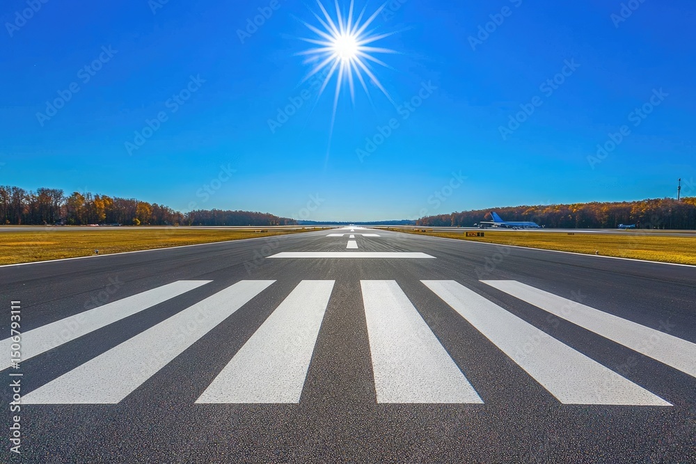 Sunny day at an airport runway; bright sun, clear blue sky, autumnal ...