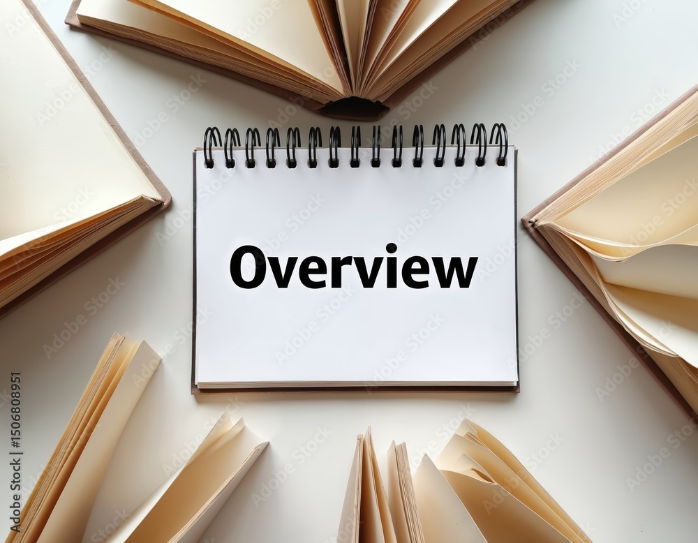 Top view word overview in notepad with open books. Concept of summary ...