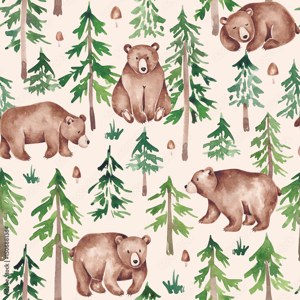 Forest seamless pattern hand drawn with watercolor. Woodland animals digital paper. Brown bear ...