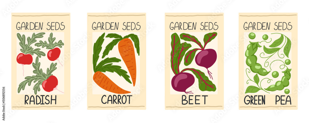 Root vegetable seeds packages vector set. Pack of radish, carrots, peas ...