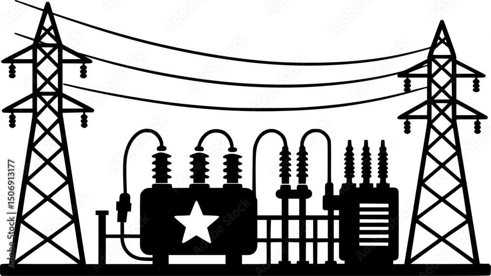 This black and white vector graphic depicts a power substation with ...