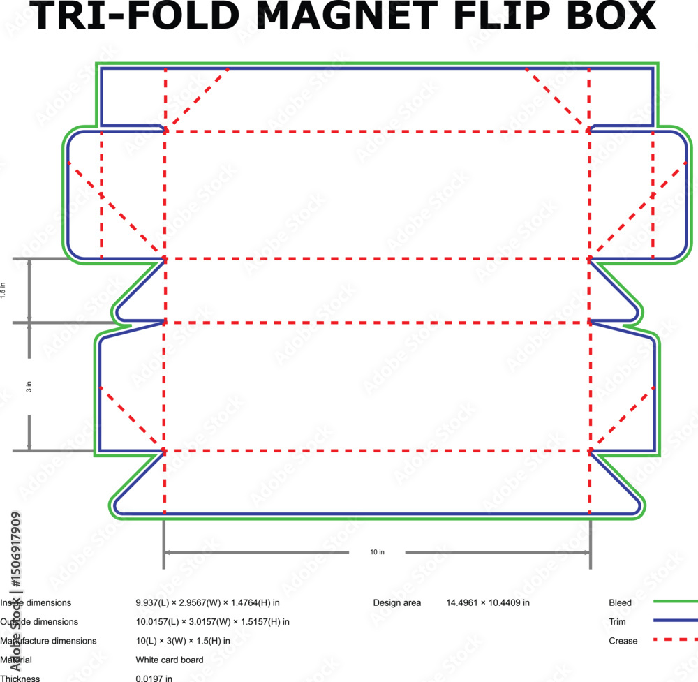 Tri fold magnet flip box template design dimensions diagram Stock ...