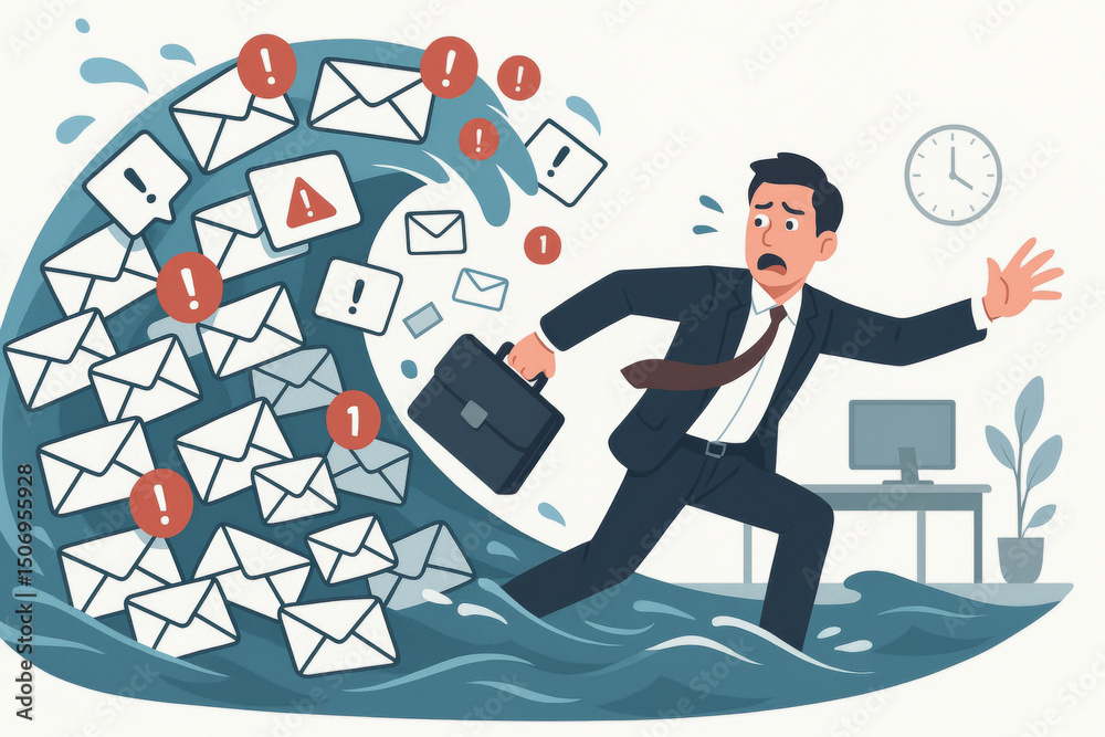 Email overload spam tsunami flood businessman escape running stressed ...