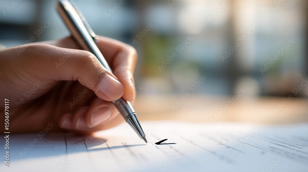 Person filling out a document with a pen, focusing on form completion ...