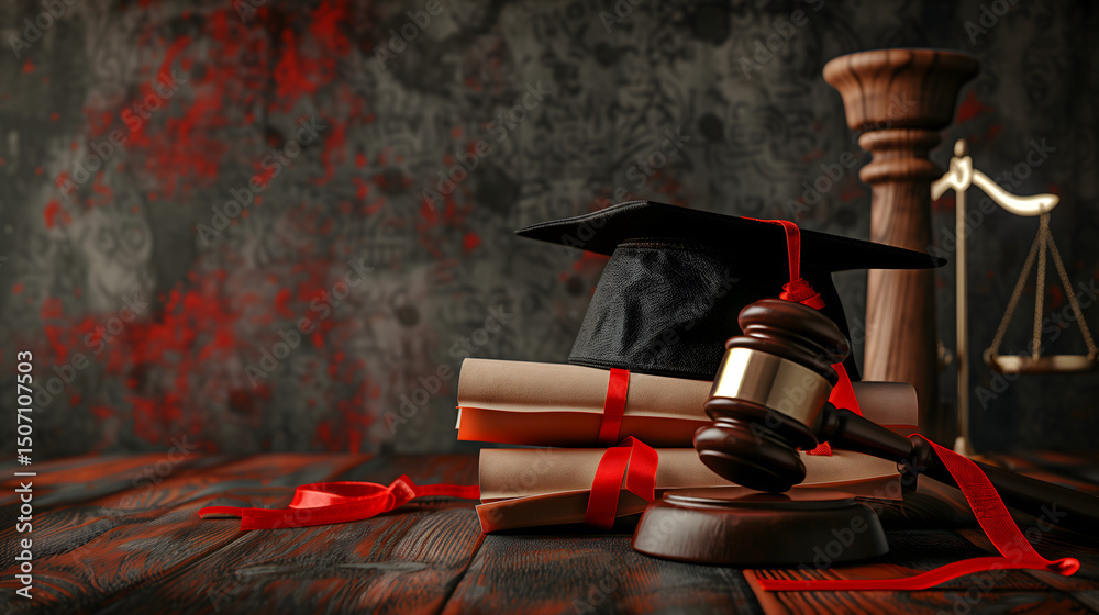 Law Graduation: Gavel and Diploma on Wooden Table，Justice Scales and ...