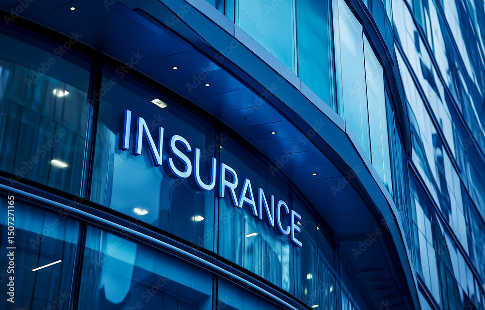 Modern insurance building with illuminated signage in urban setting ...