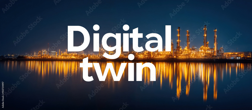 Digital twin concept with illuminated industrial refinery reflecting ...