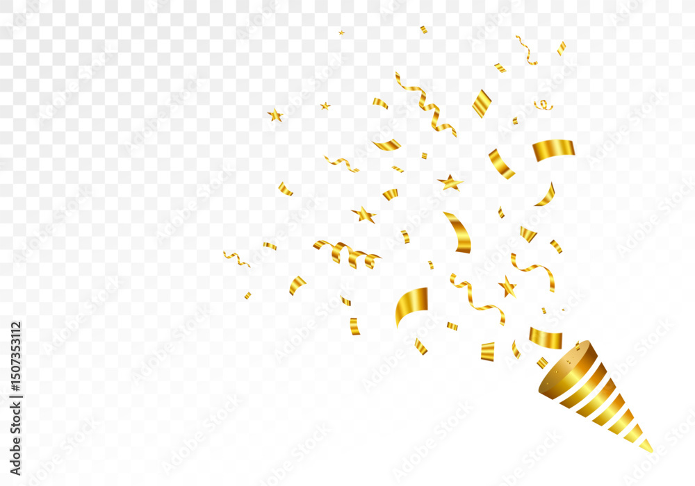 Golden party poppers bursting with confetti and stars on transparent ...