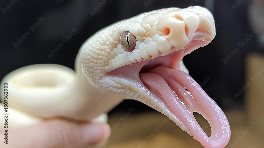 Albino Ball Python exhibits its open mouth and tongue in a macro ...