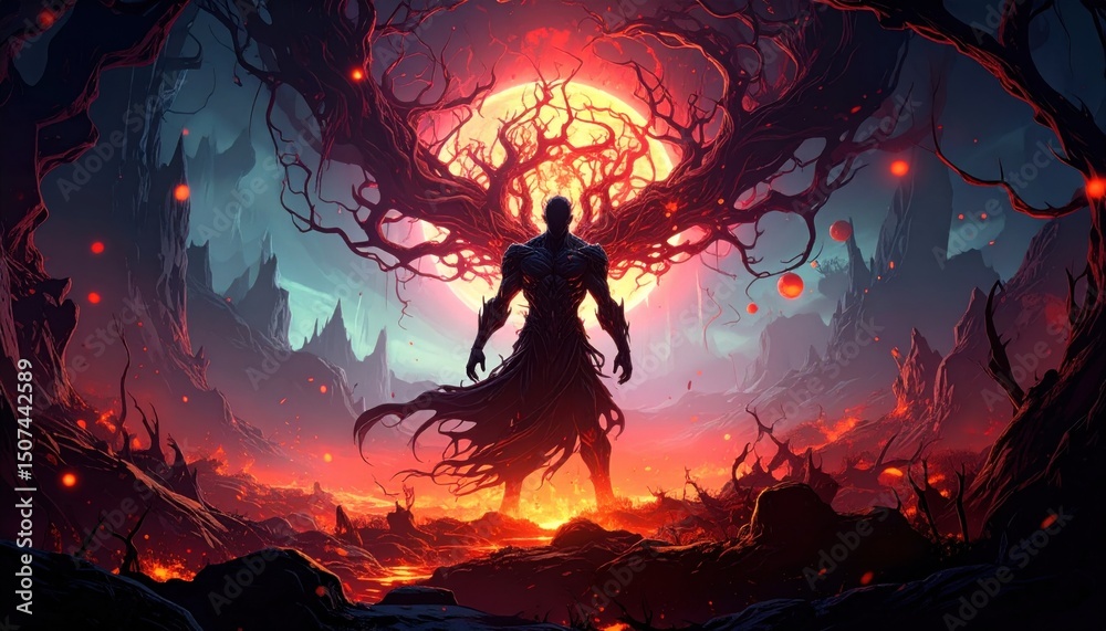 Concept art of a dark fantasy figure with root-like limbs against a ...