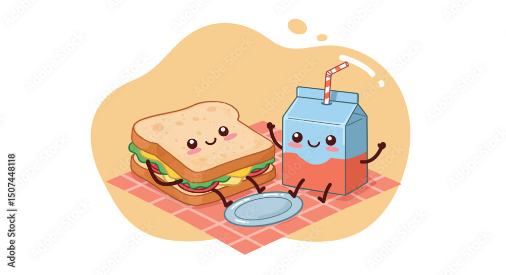 Cute sandwich and juice box cartoon characters sitting together on ...