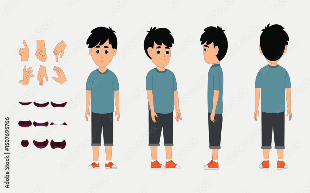 kids Cartoon Boy Character Design Set or animation video – Front, Side ...