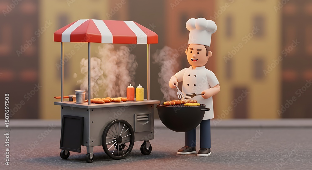 Chef with Hot Dog Cart Cartoon Illustration Stock Illustration | Adobe ...
