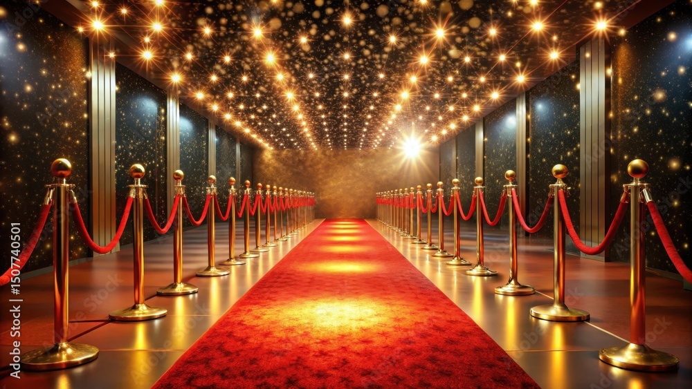 Golden stanchions line a luxurious red carpet pathway, illuminated by a ...