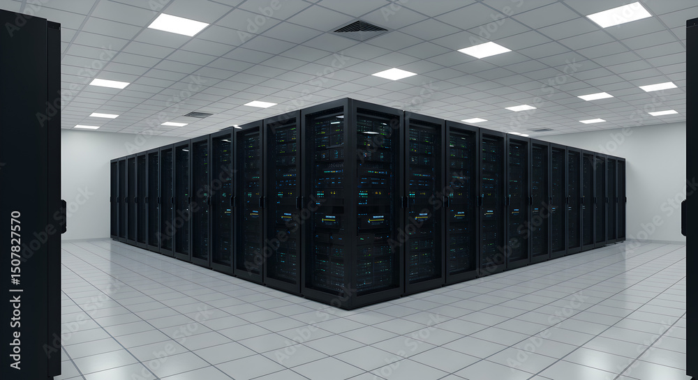 Brightly Lit Data Center with Rows of Black Server Racks and White ...